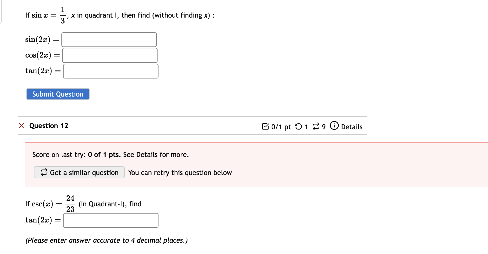Solved If sinx=13,x ﻿in quadrant I, then find (without | Chegg.com