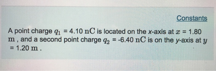 Solved Constants A point charge q1 = 4.10 nC is located on | Chegg.com Solved Constants A point charge q1 = 4.10 nC is located on | Chegg.com