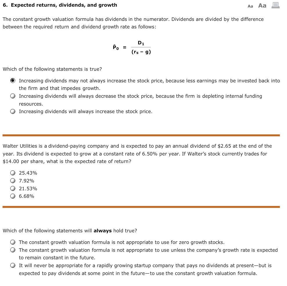 Solved 6. Expected returns, dividends, and growth Aa Aa The | Chegg.com