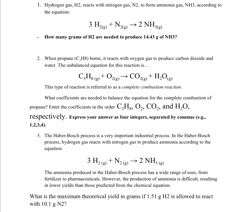 Solved 1. Hydrogen gas, H2, reacts with nitrogen gas, N2, to | Chegg.com