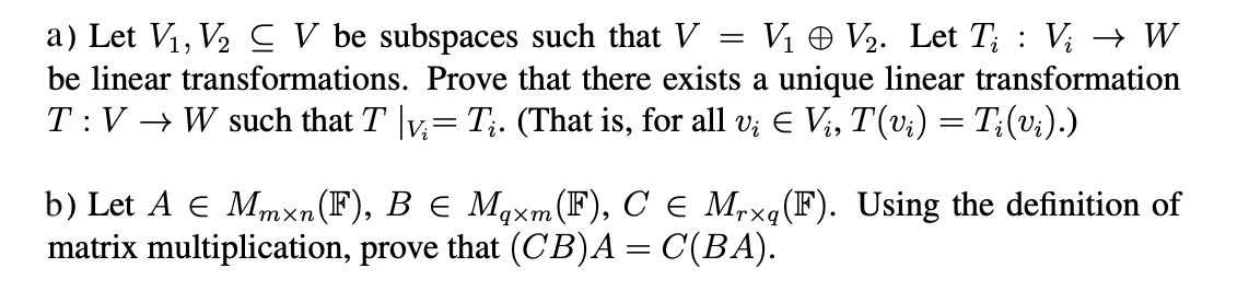 Solved a) Let V1, V2 CV be subspaces such that V = V1 © V2. | Chegg.com