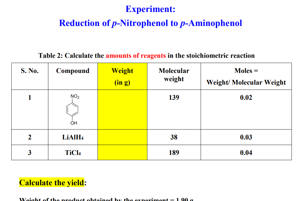 Solved Experiment: Reduction of p-Nitrophenol to | Chegg.com