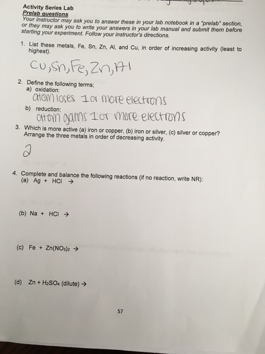 Solved Activity Series Lab our instructor may ask you to | Chegg.com