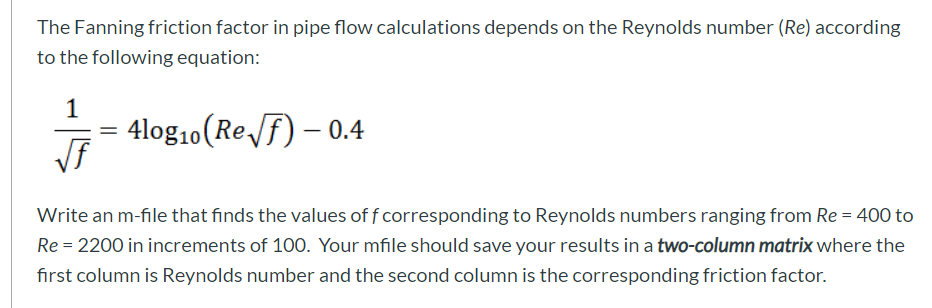 Solved The Fanning friction factor in pipe flow calculations | Chegg.com