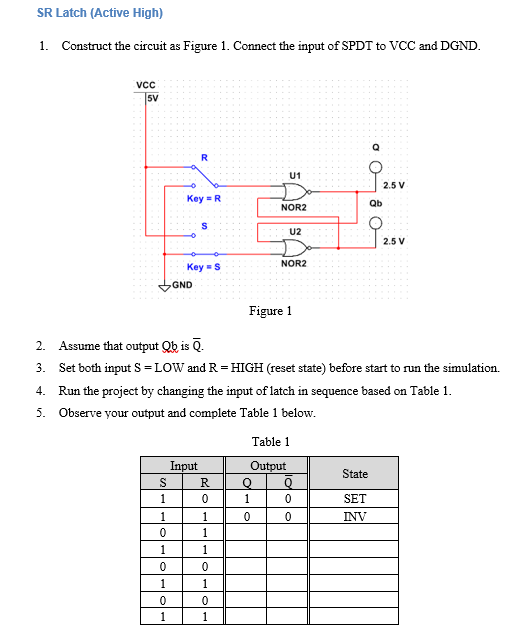 SR Latch (Active High) 1. Construct the circuit as | Chegg.com