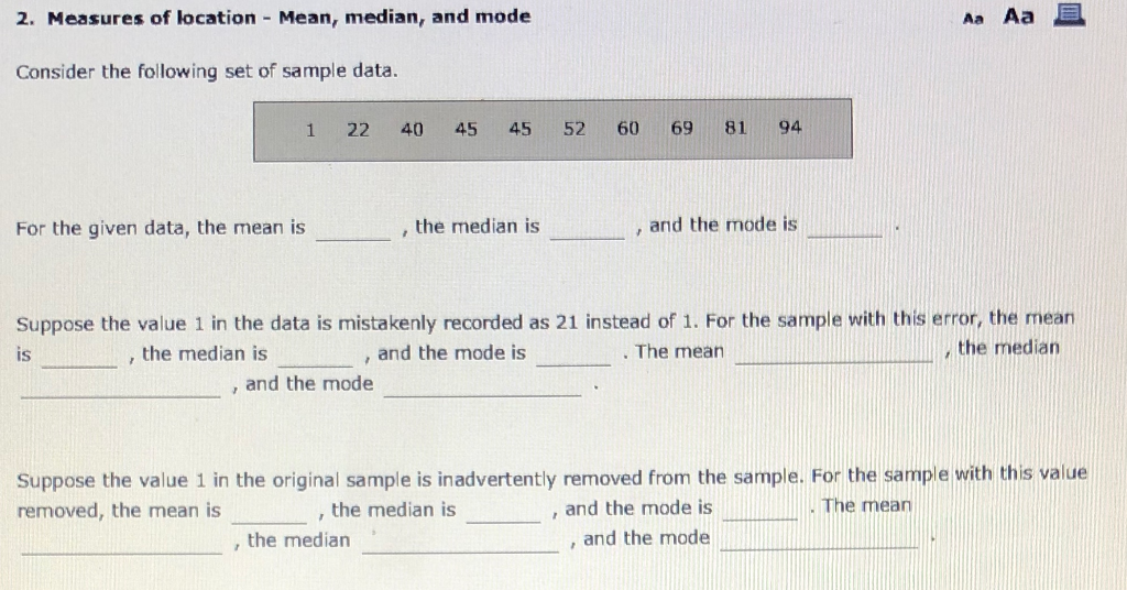 Solved 2. Measures of location - Mean, median, and mode Aa | Chegg.com