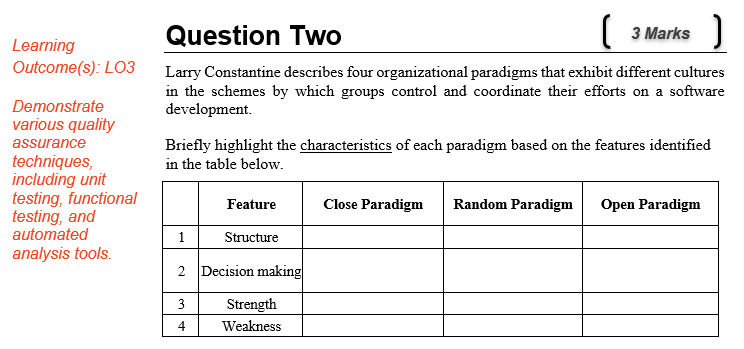 Solved ( 3 Marks Learning Outcome(s): L03 Question Two ) | Chegg.com