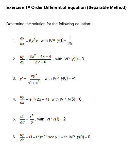 Solved Exercise 1st Order Differential Equation (Separable | Chegg.com