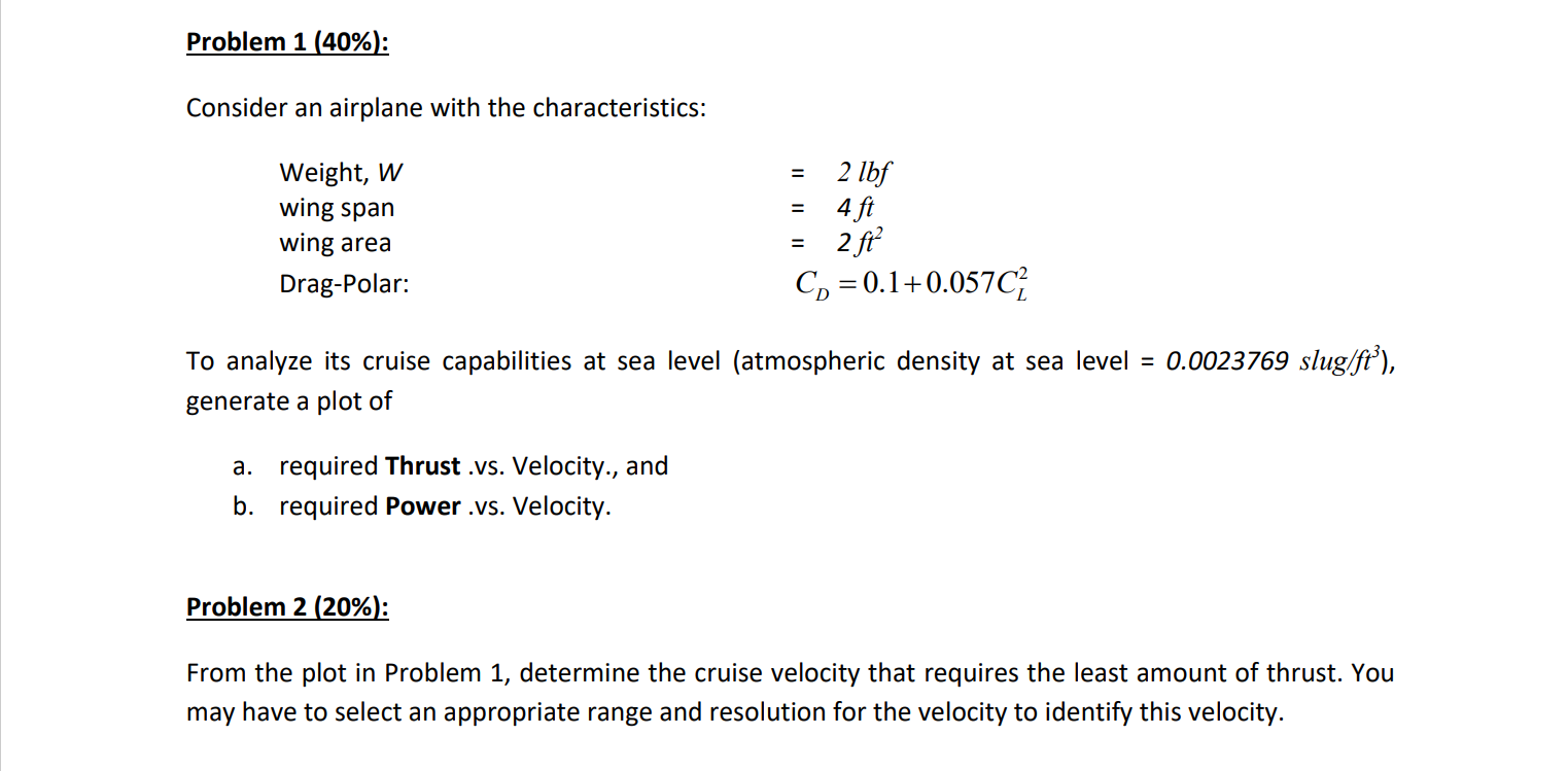 Solved Consider an airplane with the characteristics: | Chegg.com