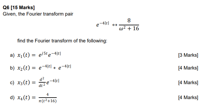Solved Q6 [15 Marks] Given, the Fourier transform pair e-411 | Chegg.com