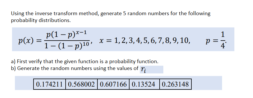 Solved Using The Inverse Transform Method Generate 5 Random 