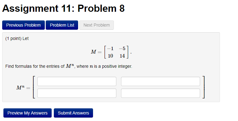 Solved Assignment 11: Problem 8 Previous Problem Problem | Chegg.com Solved Assignment 11: Problem 8 Previous Problem Problem | Chegg.com