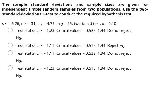 Solved The sample standard deviations and sample sizes are | Chegg.com
