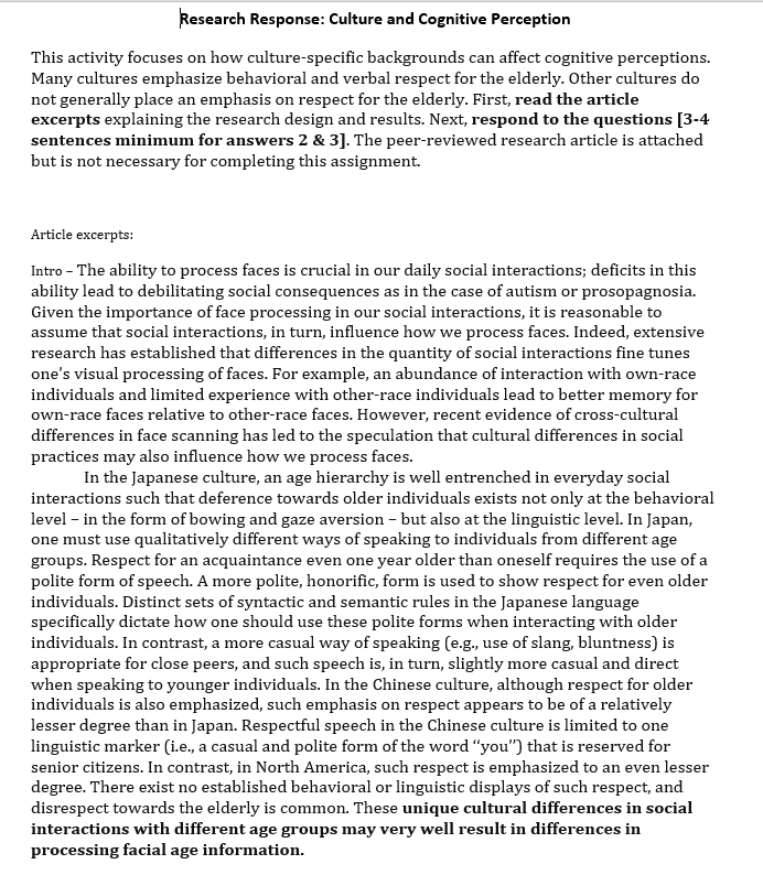 Solved Research Response: Culture and Cognitive Perception | Chegg.com