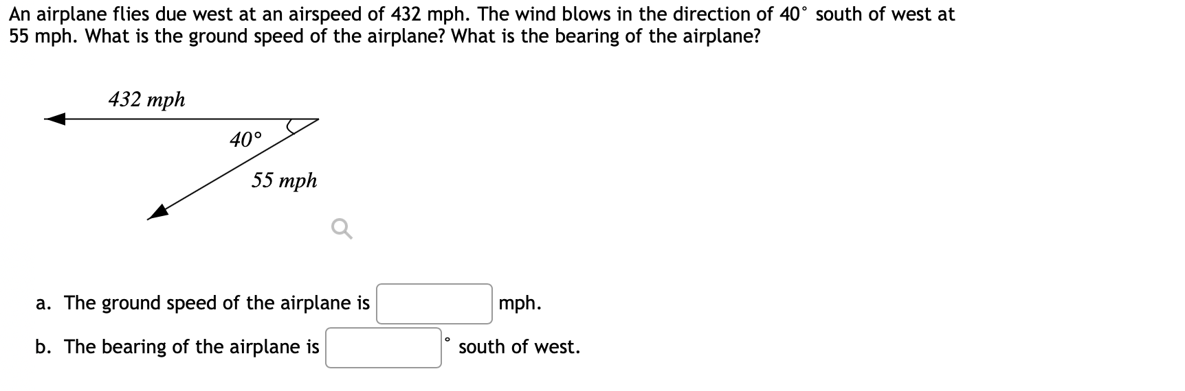 Solved An airplane flies due west at an airspeed of 432 mph. | Chegg.com