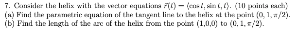 Solved 7. Consider the helix with the vector equations r(t) | Chegg.com
