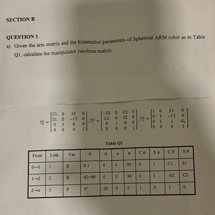 Solved SECTION B QUESTION 1 a) Given the arm matrix and the | Chegg.com