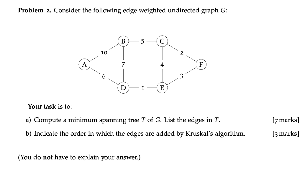 Solved Problem 2. Consider the following edge weighted | Chegg.com