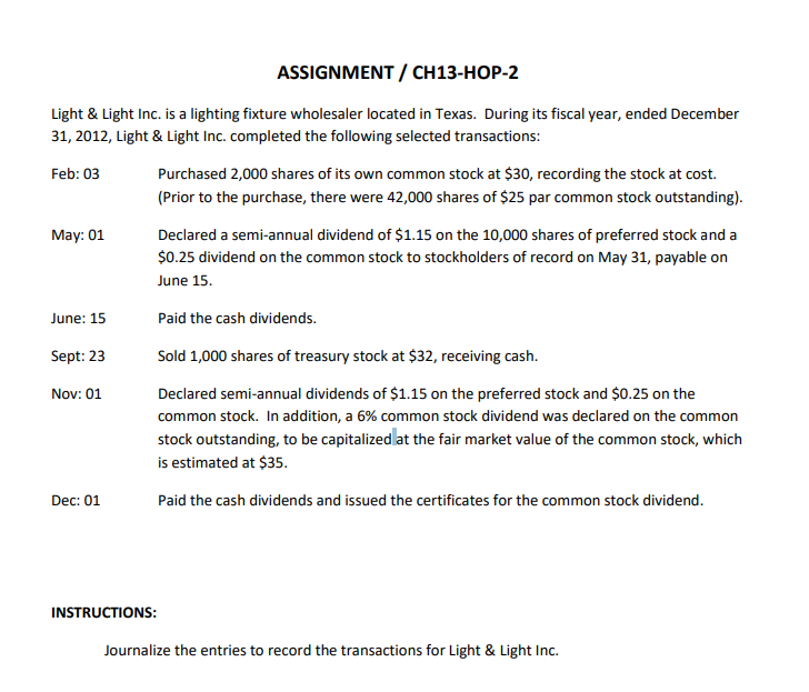 Solved ASSIGNMENT / CH13-HOP-2 Light & Light Inc. is a | Chegg.com