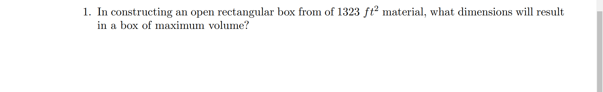 Solved In constructing an open rectangular box from of 1323 | Chegg.com