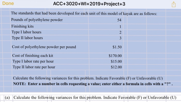 Solved ACC 3020 001 - Winter 2019 Excel Project w3-Variance | Chegg.com