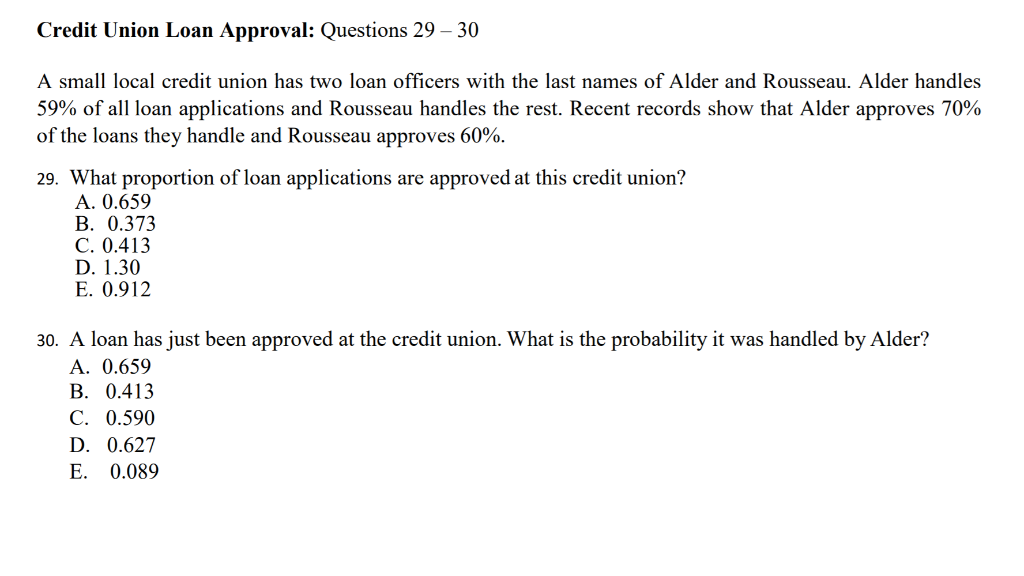 Solved Credit Union Loan Approval: Questions 29 30 A small | Chegg.com