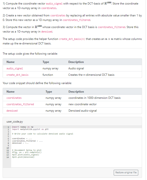 1) Compute the coordinate vector audio_signal with | Chegg.com