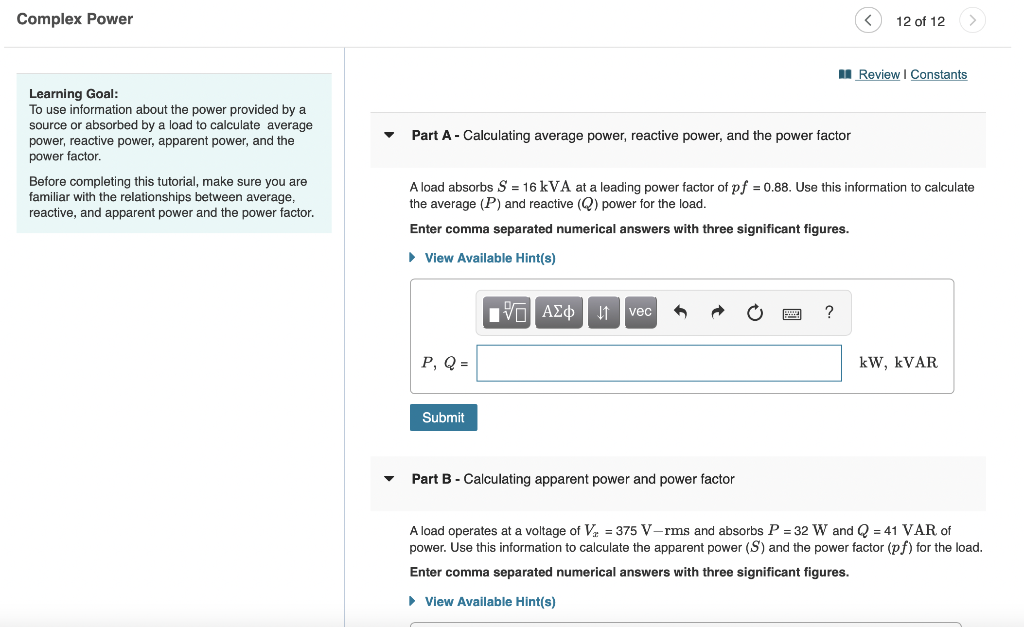 Solved Complex Power 12 of 12 Review Constants Learning | Chegg.com