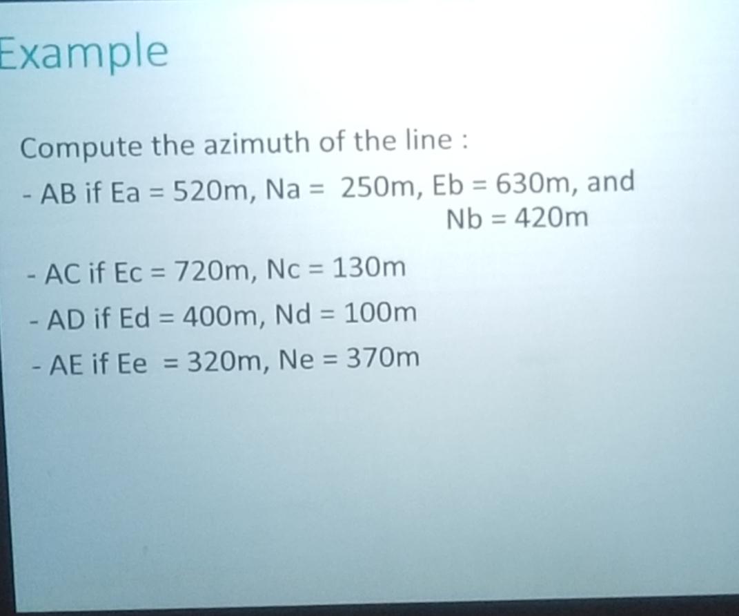 Solved Example Compute the azimuth of the line : - AB if Ea | Chegg.com