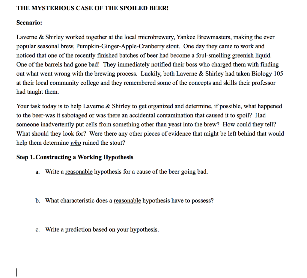 Solved THE MYSTERIOUS CASE OF THE SPOILED BEER! Scenario: | Chegg.com