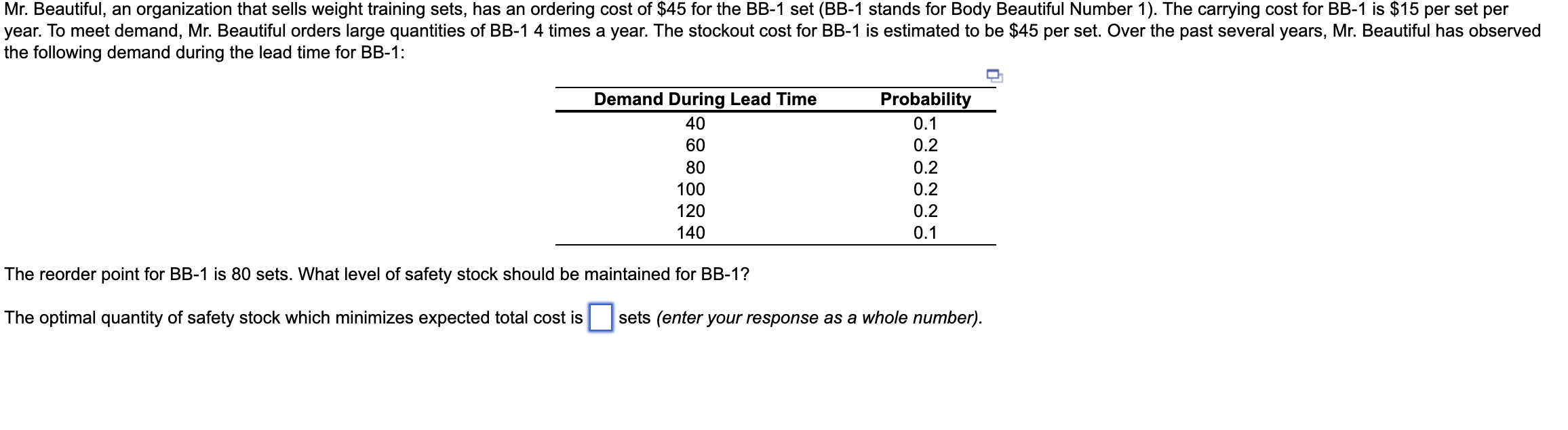 Solved The reorder point for BB-1 is 80 sets. What level of | Chegg.com