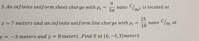 Solved 3. An infinite uniform sheet charge with ρs=5π9 nano | Chegg.com