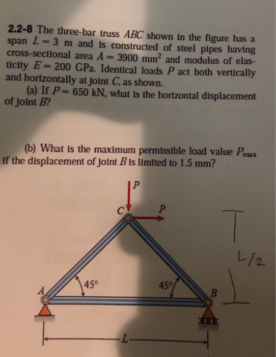 Solved 2.2-8 The three-bar truss ABC shown in the flgure has | Chegg.com