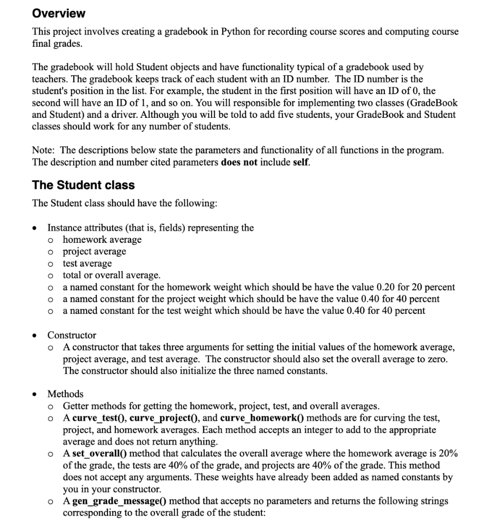 Overview This project involves creating a gradebook | Chegg.com
