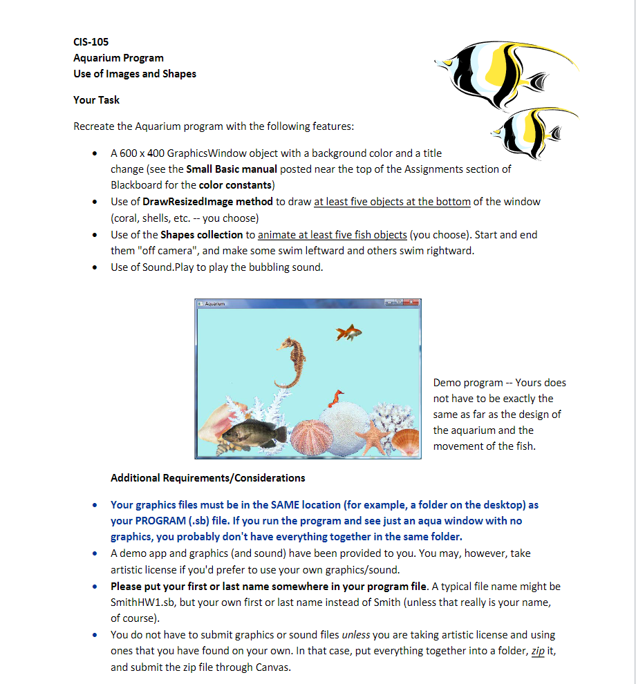 CIS-105 Aquarium Program Use of Images and Shapes | Chegg.com