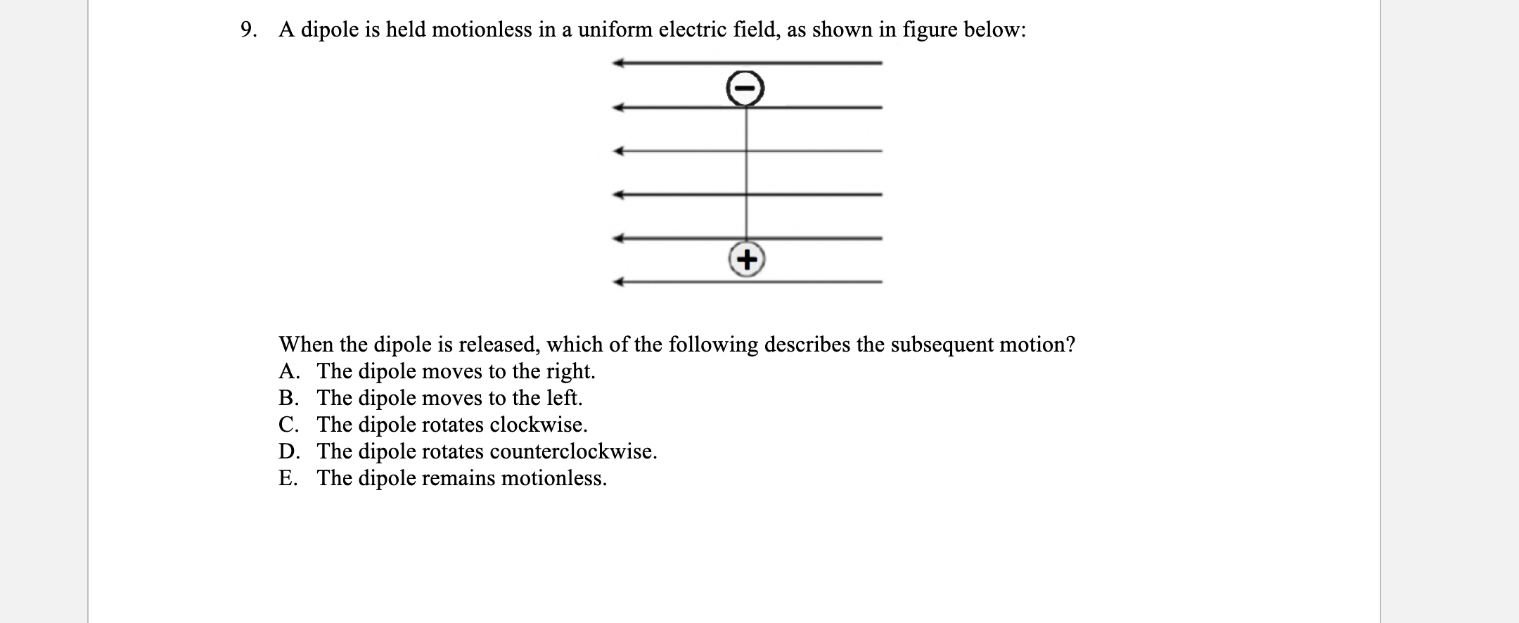 Solved A dipole is held motionless in a uniform electric | Chegg.com