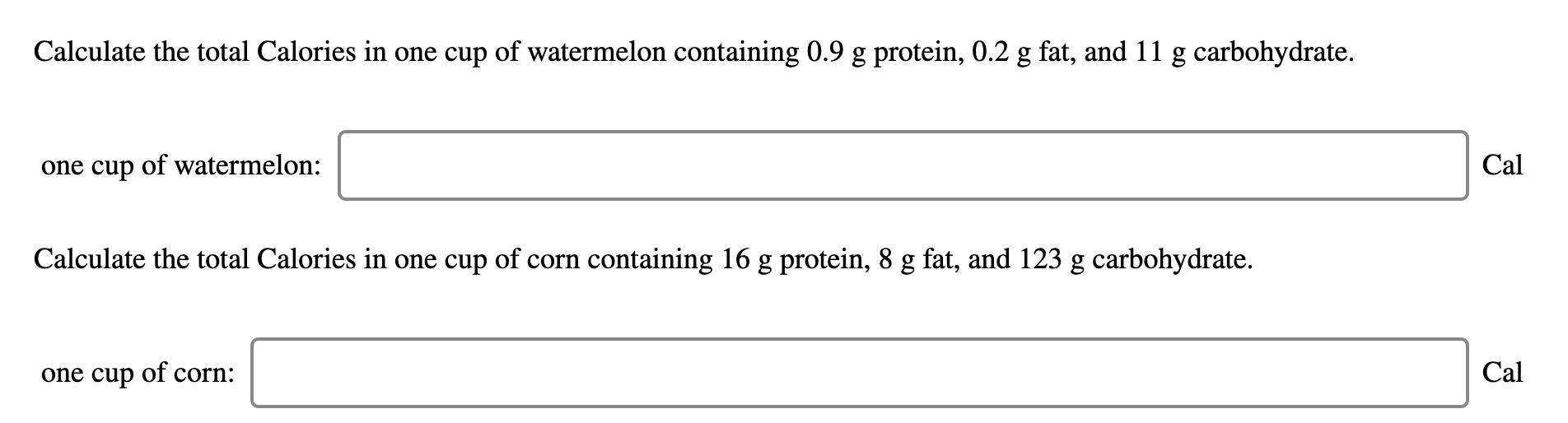 Solved Use the table to calculate the total Calories in each | Chegg.com