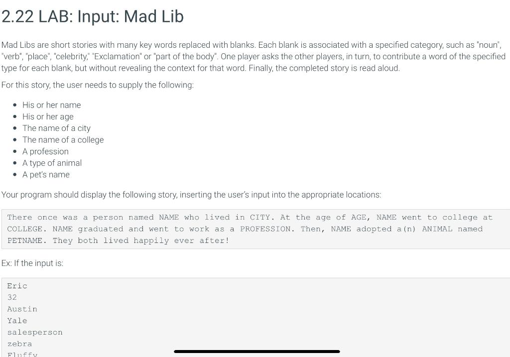 Solved Mad Libs are short stories with many key words | Chegg.com