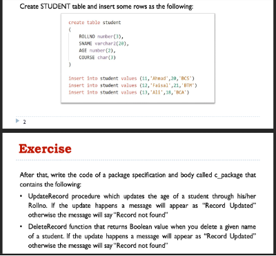 Solved please write the code in PL/SQL of a package | Chegg.com