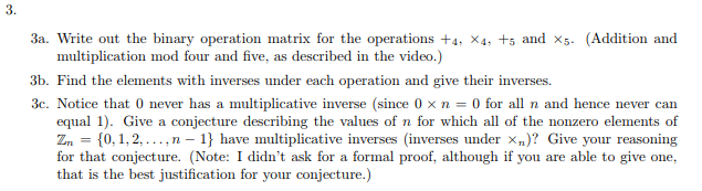 Solved 3. 3a. Write out the binary operation matrix for the | Chegg.com