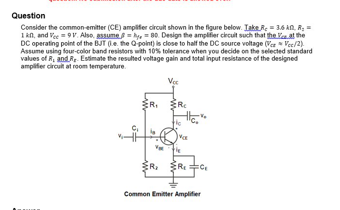 Solved Question Consider the common-emitter (CE) amplifier | Chegg.com