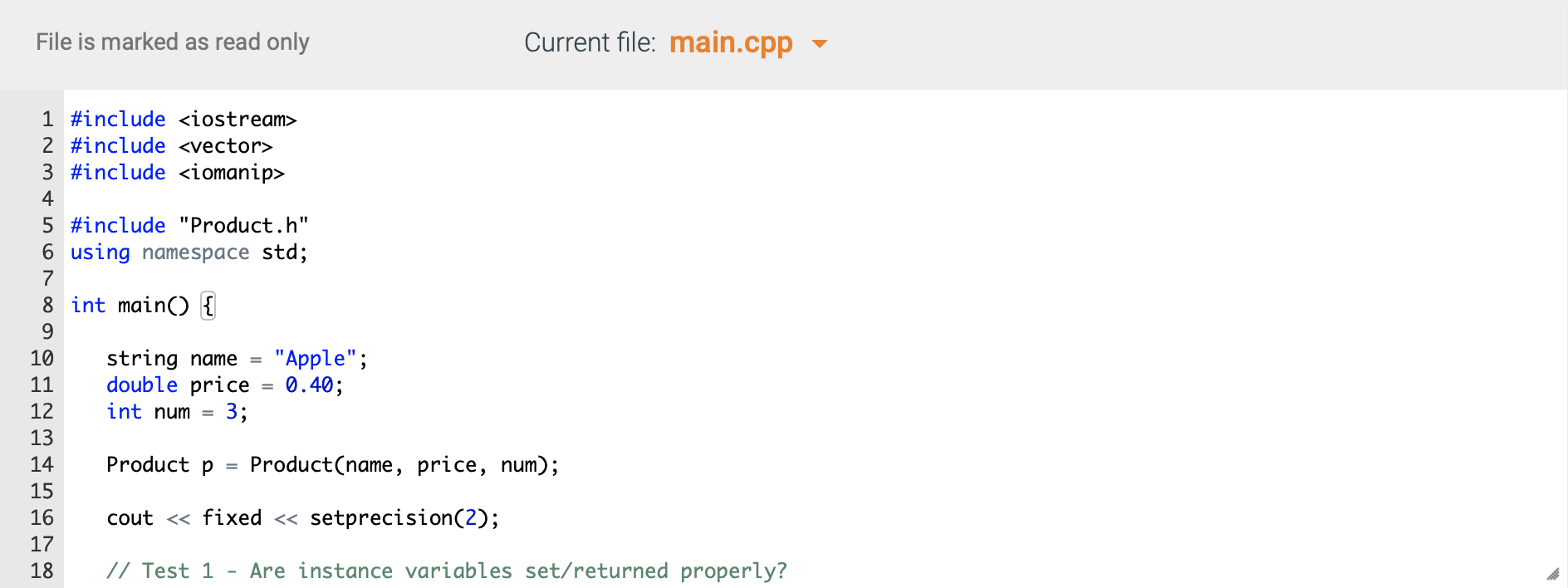 Solved 23.10 LAB: Product class Given main() and Product.h, | Chegg.com