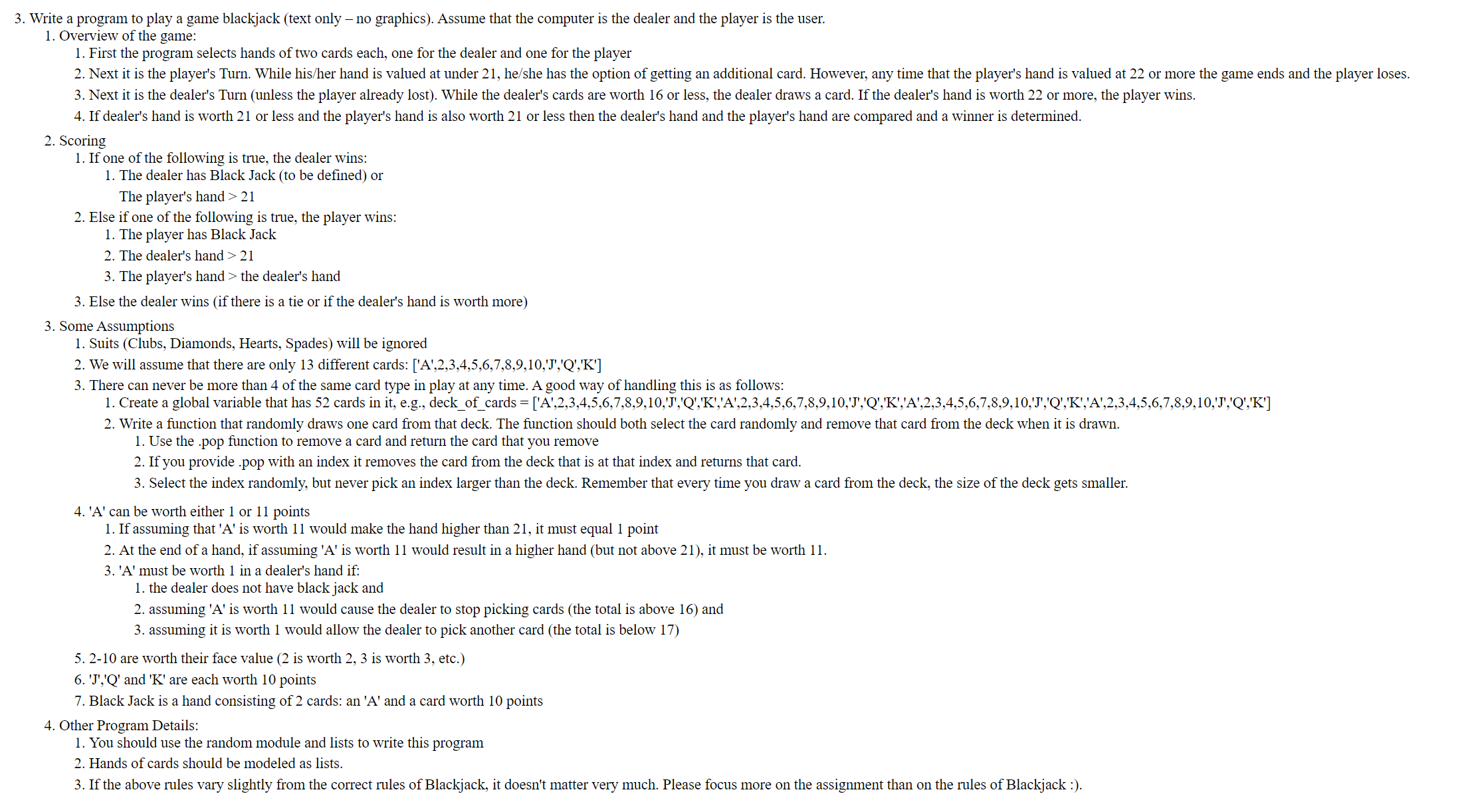 Solved 3. Write a program to play a game blackjack (text | Chegg.com