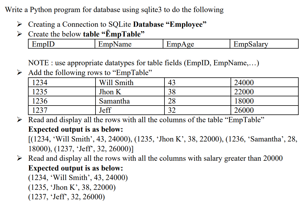 Solved Write a Python program for database using sqlite3 to | Chegg.com