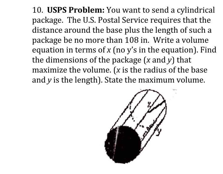Solved 10. USPS Problem: You want to send a cylindrical | Chegg.com