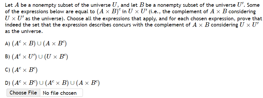 Solved Let A be a nonempty subset of the universe U, and let | Chegg.com Solved Let A be a nonempty subset of the universe U, and let | Chegg.com
