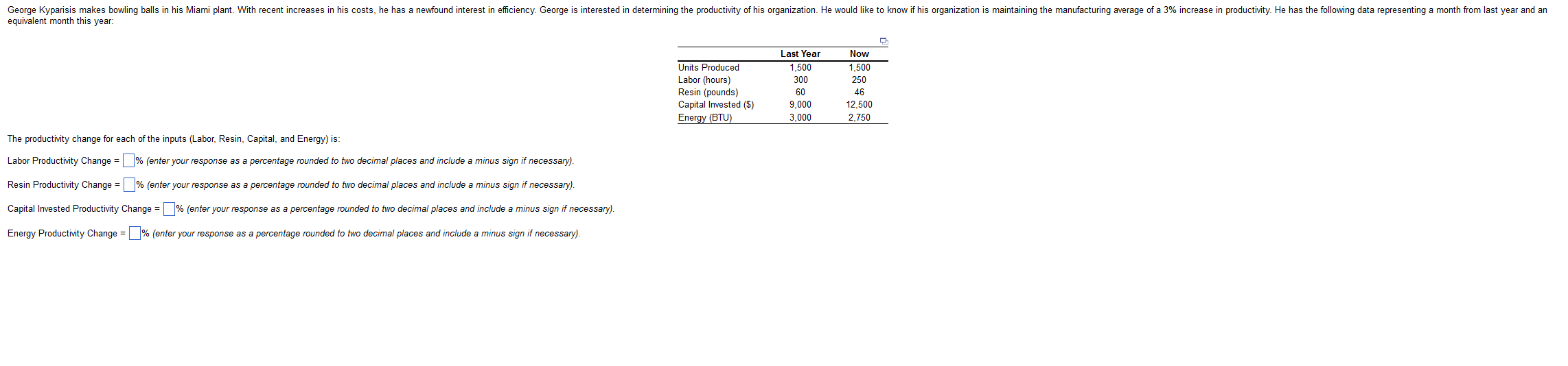 Solved The productivity change for each of the inputs | Chegg.com