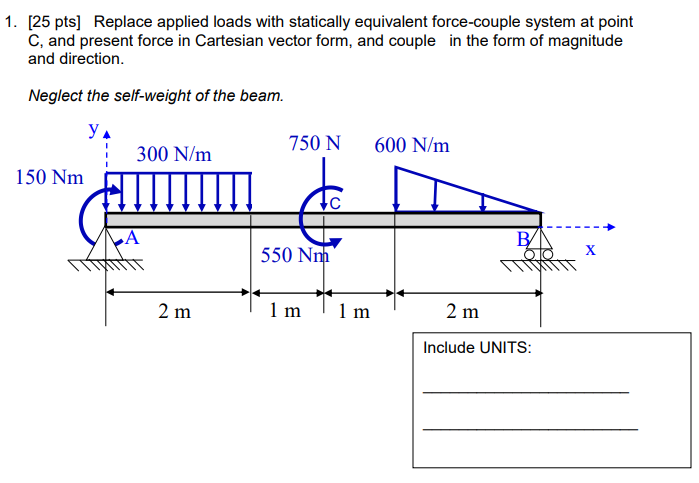 Solved 1. [25 pts] Replace applied loads with statically | Chegg.com