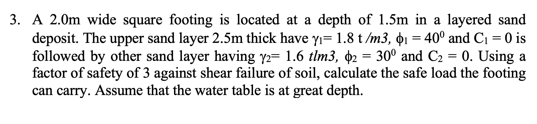 Solved 3. A 2.0 m wide square footing is located at a depth | Chegg.com