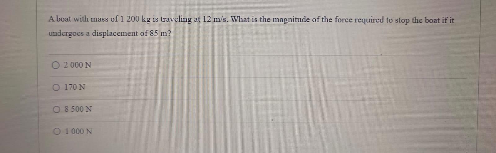 Solved A boat with mass of 1200 kg is traveling at 12 m/s. | Chegg.com